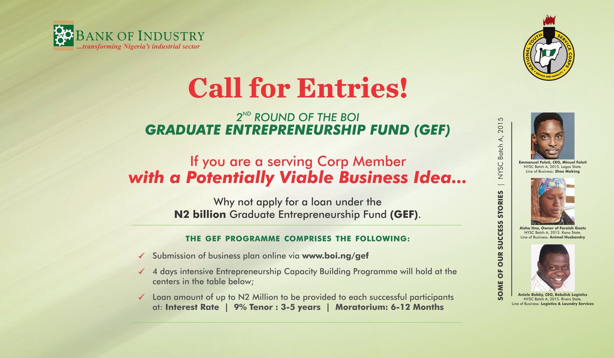 Apply for 2nd Edition Bank of Industry N2 Million Loan for NYSC Youth ...